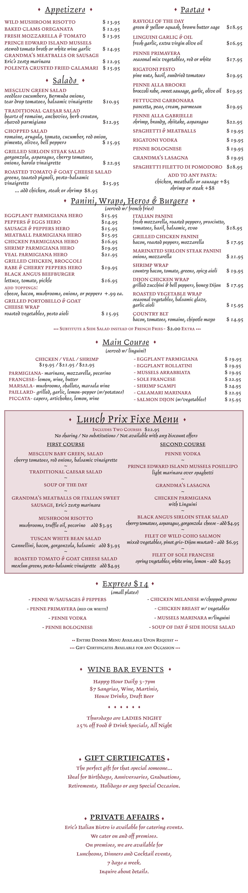 Lunch Menu Menu – Eric's Italian Bistro – Modern & Italian Cuisine